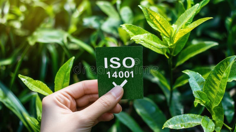 Hand Holding ISO 14001 Certification Card Surrounded by Lush Green ...