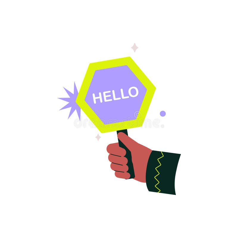 Hand Holding Hexagonal Sign with Text Hello in Flat Vector Illustration ...
