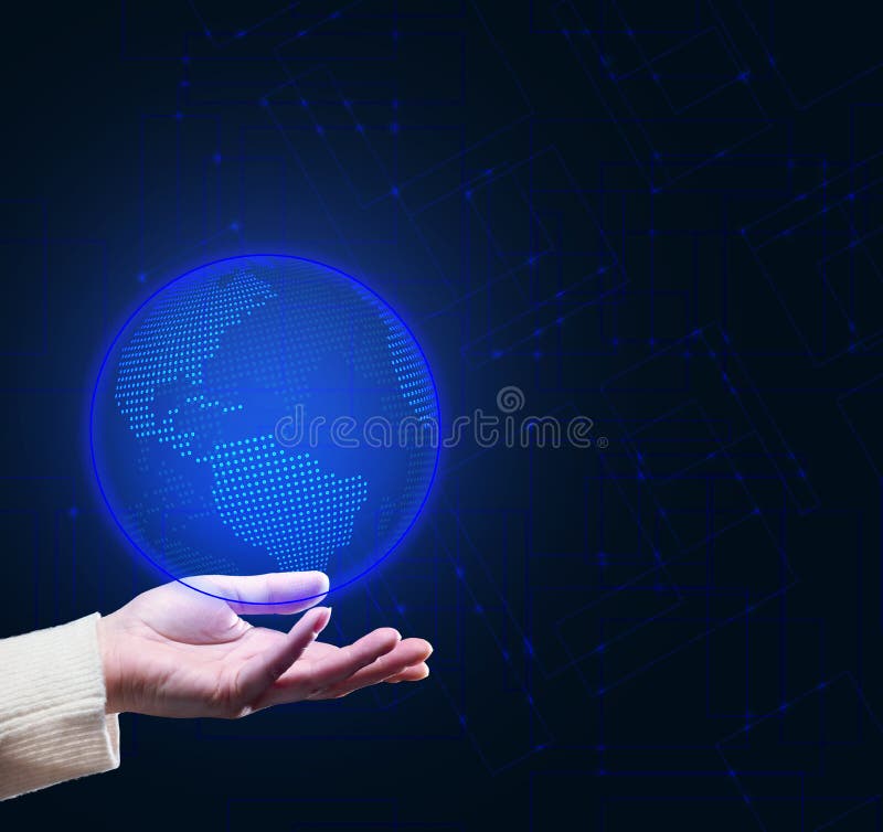 Hand Holds a Holographic Globe Model. the Concept of Global Internet ...