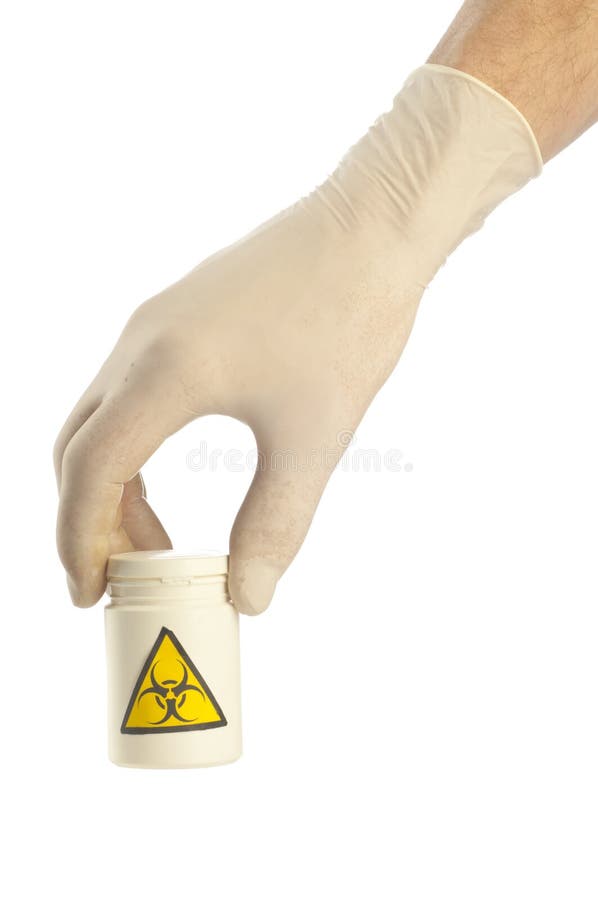 Hand Holds Jar of Medicament with Symbol Biohazard. Stock Image - Image ...