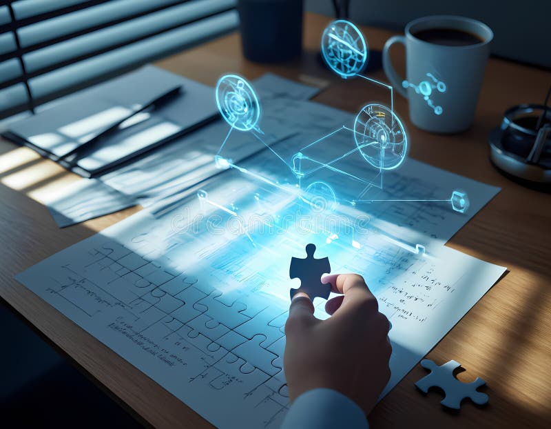 Hand Holds Jigsaw Piece To Complete Futuristic Puzzle with Technology ...