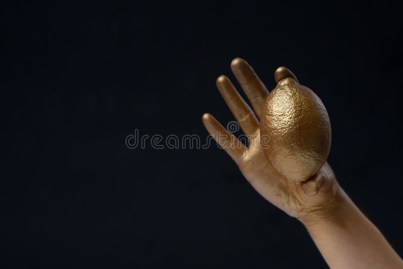 Hand Holds Lemon. Gold Paint on Black Background Stock Image - Image of ...