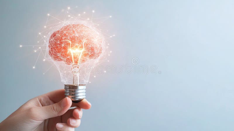 A Hand Holds a Light Bulb that Contains a Glowing Brain, Representing ...