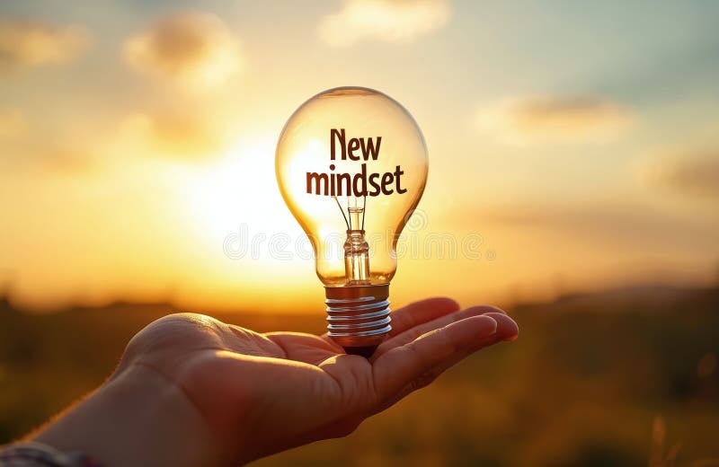 Hand Holds Light Bulb with Text New Mindset Against Bright Sun ...