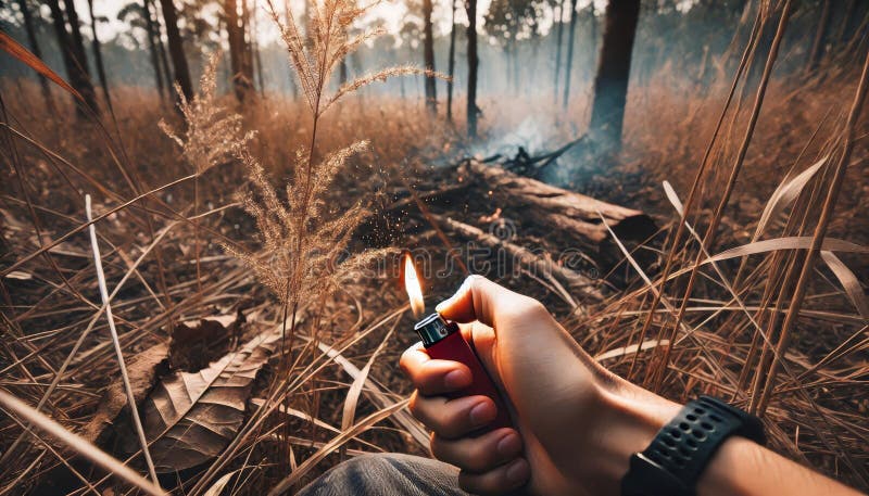 Forest Fire Prevention a Hand Holds a Lighter Near Dry Grass ...