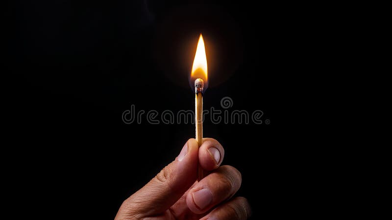 A Hand Holds a Lit Match Against a Completely Black Background ...