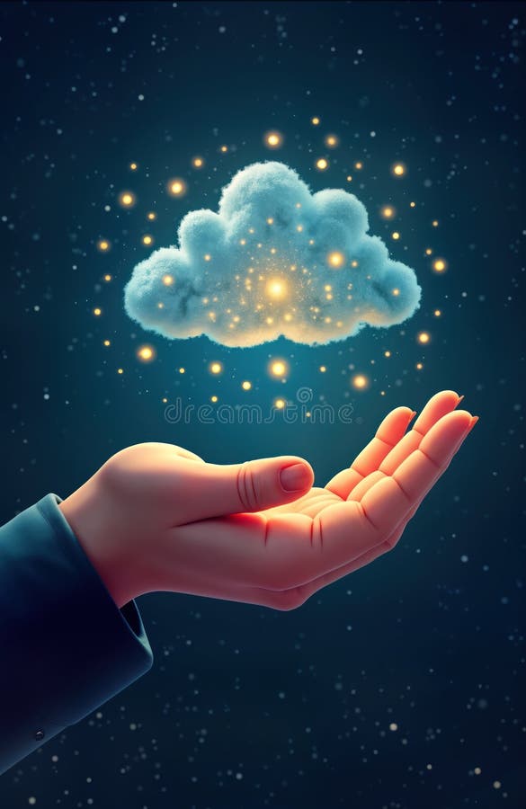 Hand Holds Luminous Cloud of Stars Data Storage, Accessibility. Cloud ...