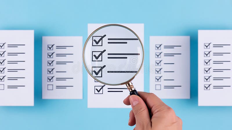 Hand Holding Magnifying Glass Over Checklist Papers Blue Background ...