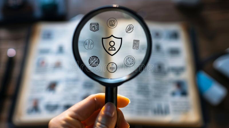 Hand Holds Magnifying Glass in Front of Open Notebook. Icons Include ...