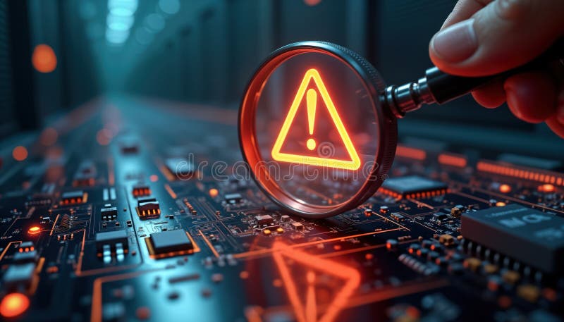 Hand Holds Magnifying Glass Inspecting Circuit Board. Warning Sign ...