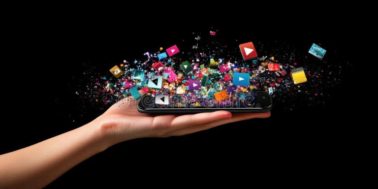 Hand Holds a Mobile Device with Floating Colorful Application Icon and ...