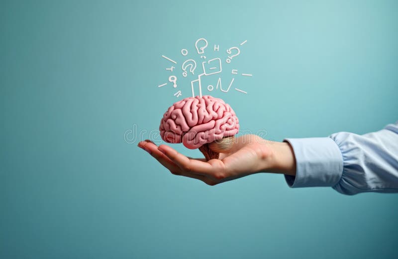 Hand Holds Model Brain. Ideas and Mental Activity Concept. Light Blue ...