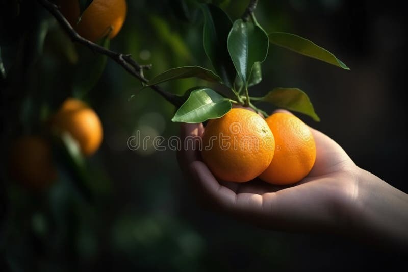 A Hand Holds an Orange Hanging on a Tree. Stock Illustration ...