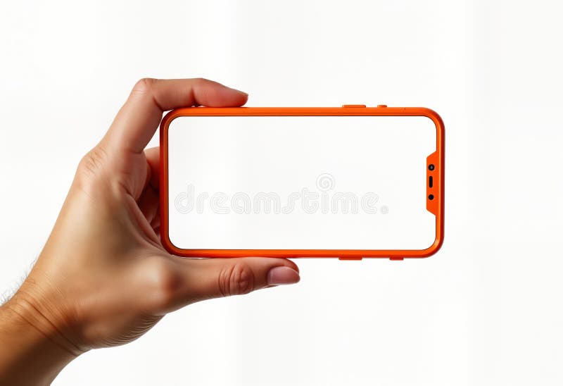 Hand Holds Orange Phone with Blank Screen. Modern Tech Mockup Isolated ...