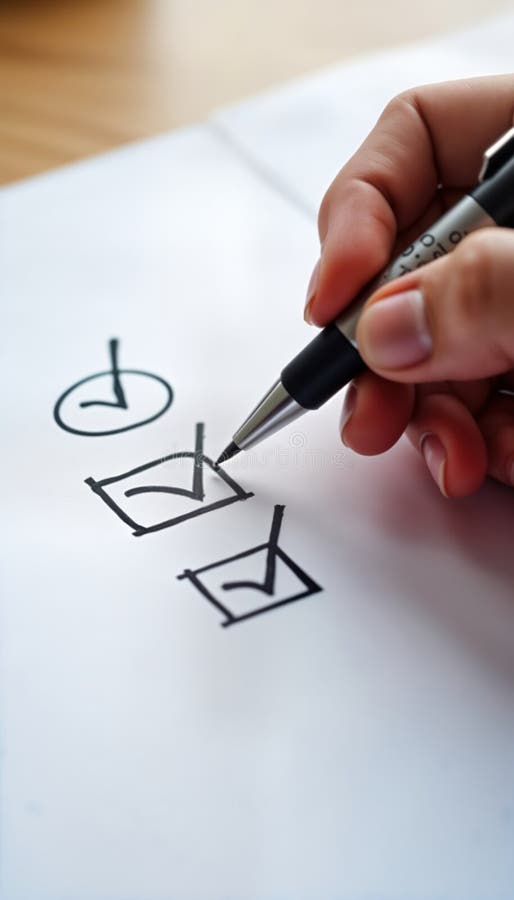 Hand Holds Pen, Checks Two Items on Checklist. Checklist Three Circles ...