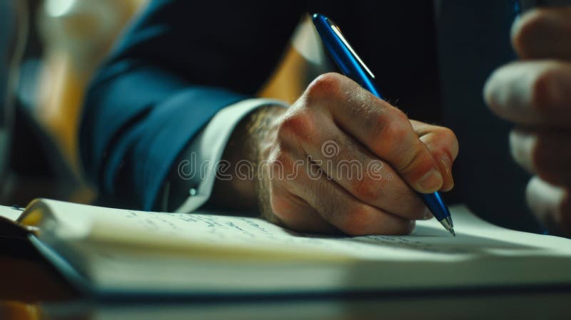 Hand Holds Pen Poised Write Open Notebook Ai Generated Stock Photos ...