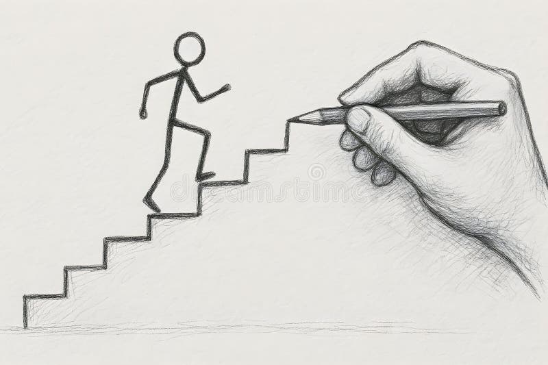 Drawing of a Stick Figure Climbing Stairs while Being Sketched by a ...