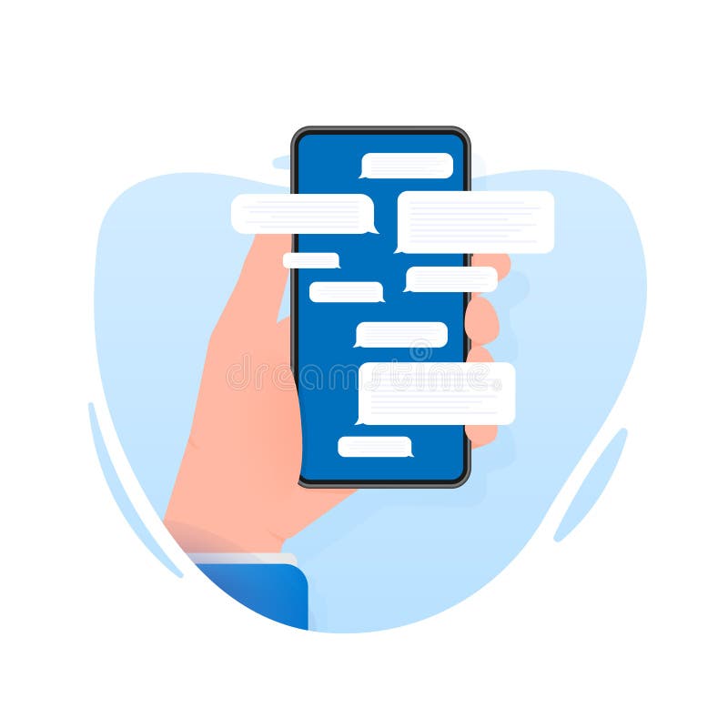 Hand Holds Phone with Chat Message on Blue Background. Vector ...