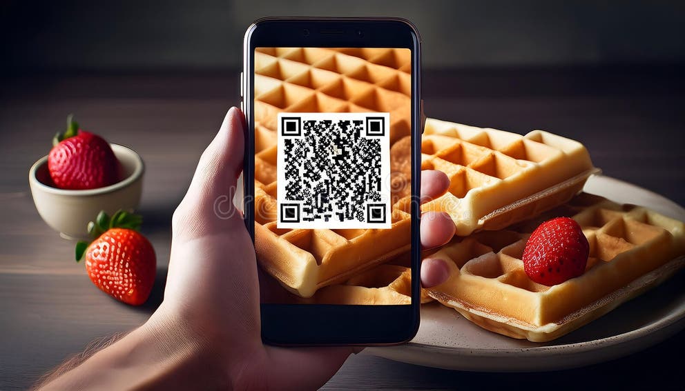 A Hand Holds a Phone Displaying a QR Code Plates of Waffles are in the ...