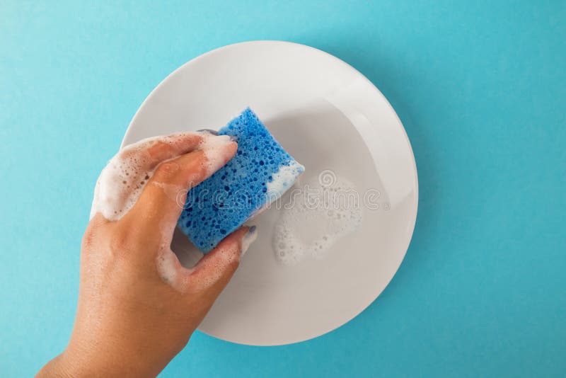 A Hand Holds a Plate with a Cleaning Sponge with Soap Foam Stock Photo ...