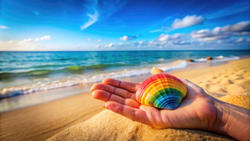 Hand Holds Rainbow-colored Seashell Sandy Beach,symbolizing the Beauty ...