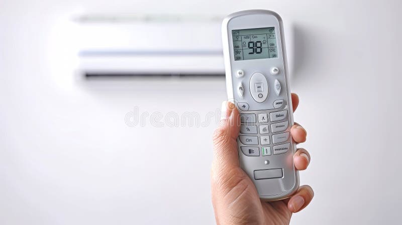 A Hand Holds a Remote Control for an Air Conditioner, the Digital ...