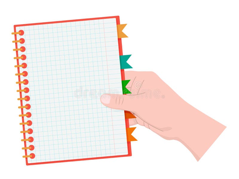 Hand Holds a School Notebook in a Cage with Bookmarks. Stock Vector ...