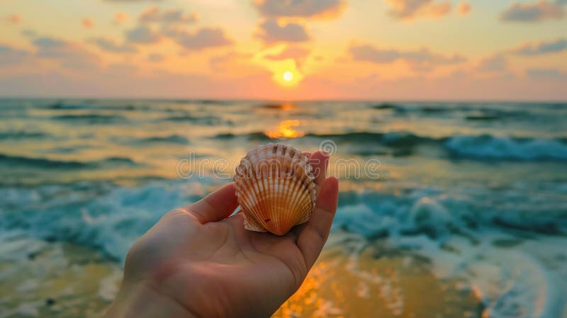 Seashell Held at Sunset on the Beach Stock Illustration - Illustration ...