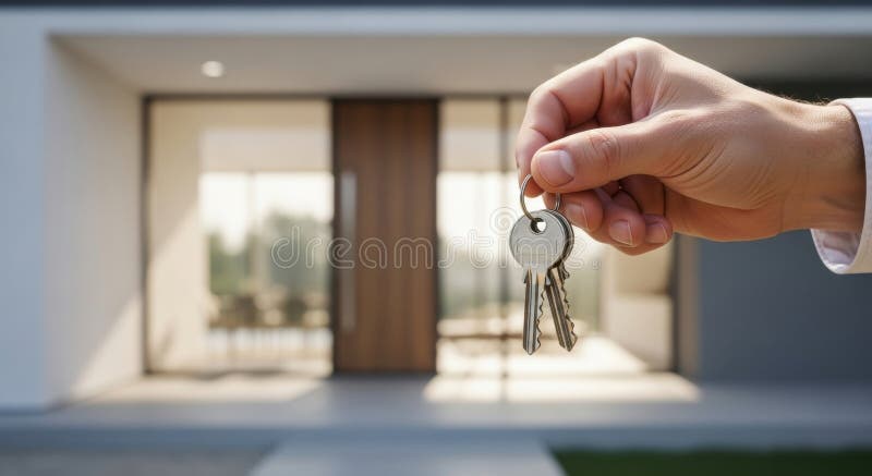New Home Keys Handover in Front of Modern House Stock Illustration ...