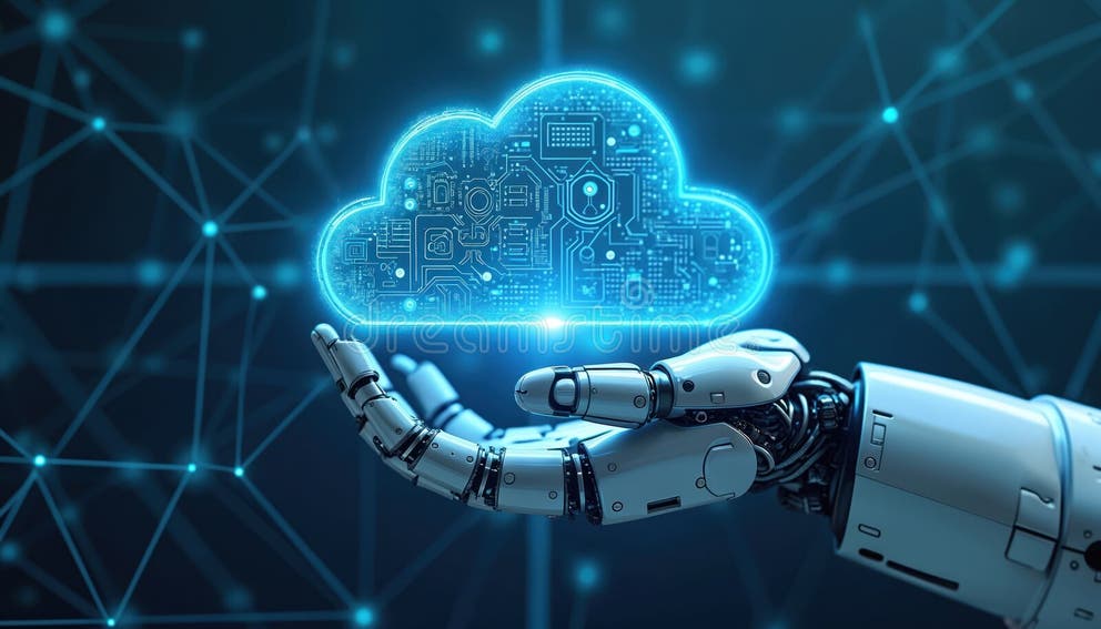 Hand Holds Silver Blue Cube Cloud in Digital Landscape. Blue Lines Dots ...