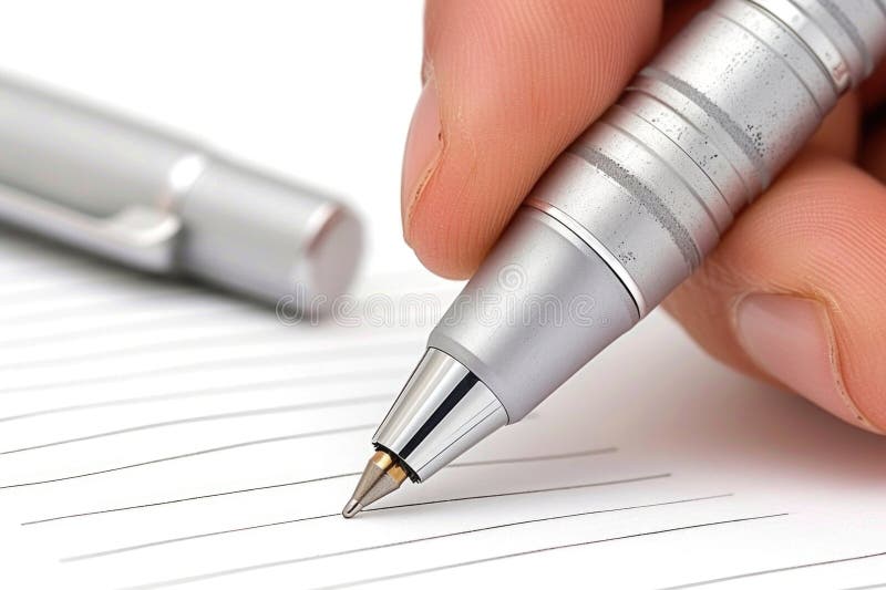 A Hand Holds a Silver Pen, Poised Above a Sheet of Lined Paper, Ready ...