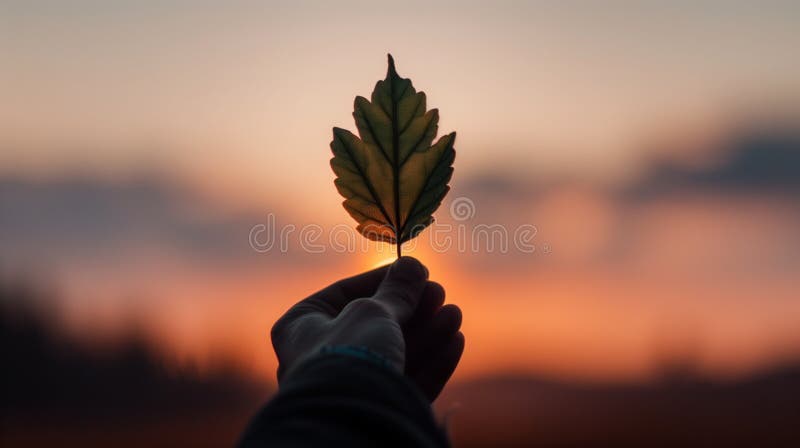 A Hand Holds a Single Green Leaf Against a Vibrant Sunset Sky Stock ...