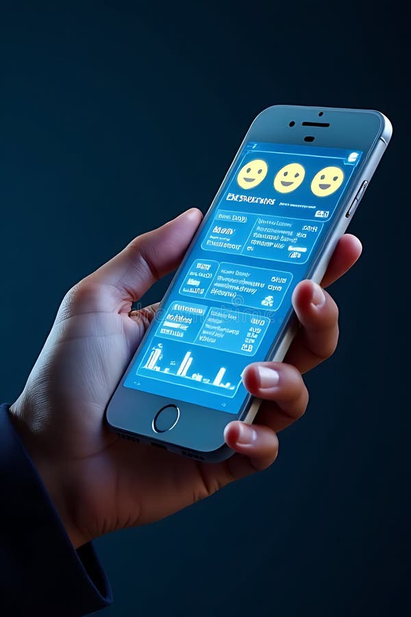 A Hand Holds a Smartphone with Data Analytics on a Blue Screen Stock ...