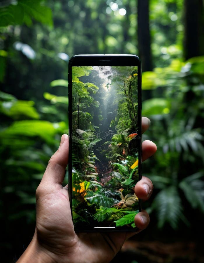 Hand Holding Smartphone Capturing Vibrant Forest Landscape Stock Photo ...