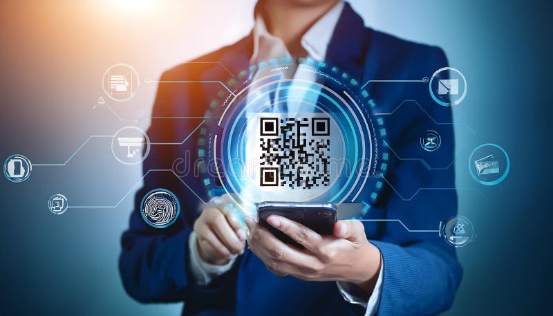 Hand Holds a Smartphone Displaying a QR Code, Surrounded by Digital ...