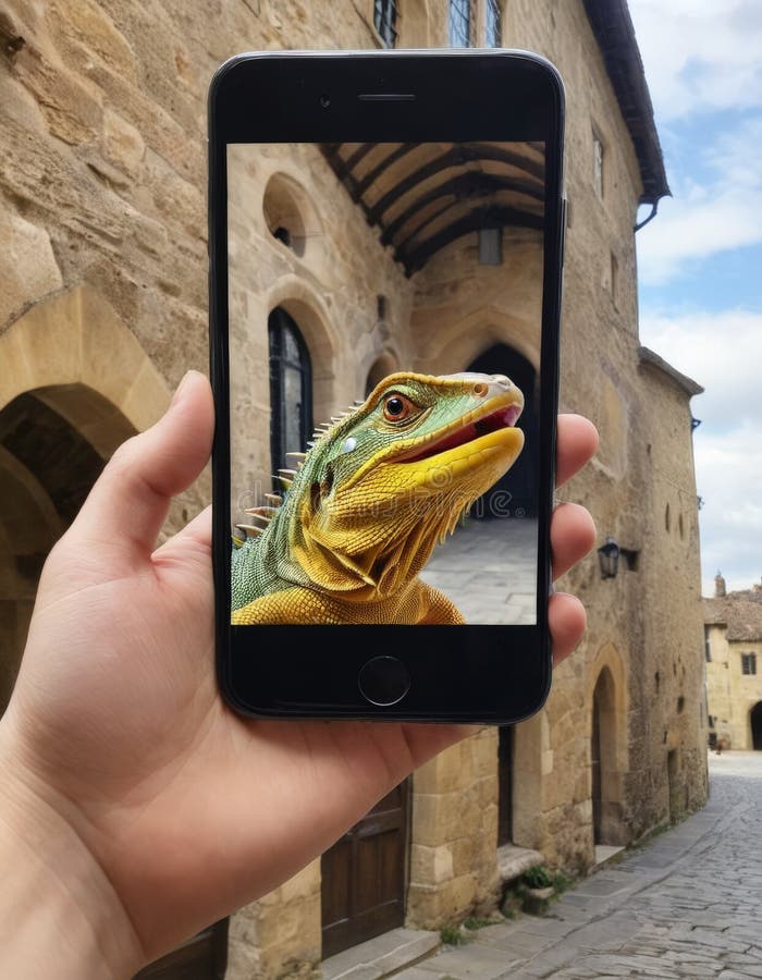 Hand Holding Smartphone with Lizard Emerging from Screen Stock ...