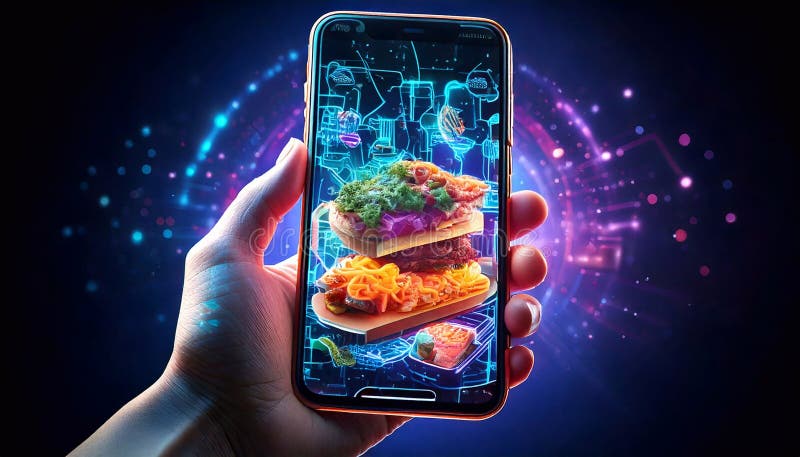 Ordering Food with a Smartphone in a Neon Techno Environment Stock ...