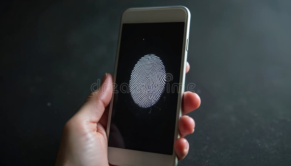 Hand Holds Smartphone. Fingerprint Scan on Screen Stock Image - Image ...