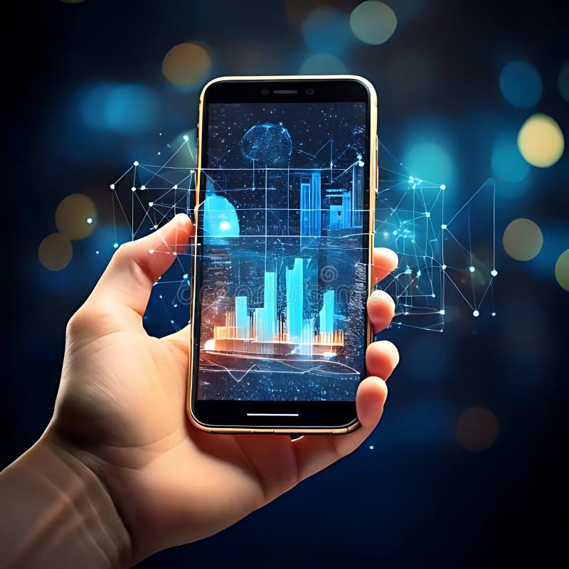 A Hand Holds a Smartphone with Floating Business Analytics Graphic ...