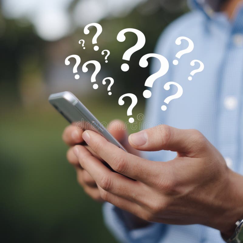 Hand Holds Smartphone with Floating Question Marks, Suggesting Queries ...