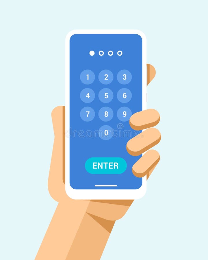 Hand Holds the Smartphone with Password Keyboard on the Screen. Flat ...