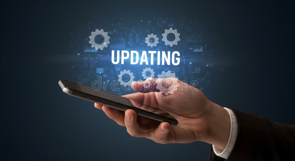 Mobile Phone Software Update in Progress with Gears and Hand Holding ...