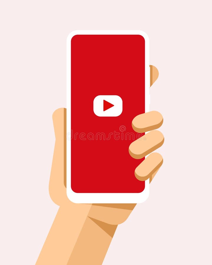 Hand Holds the Smartphone with YouTube Application on the Screen. Flat ...