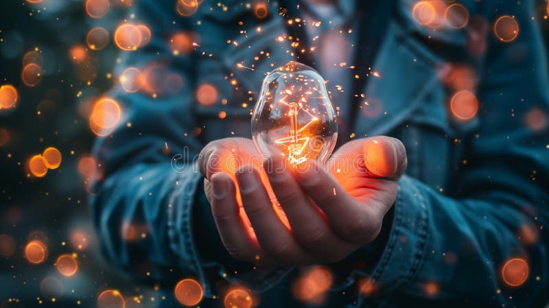 Hand Holds Sparking Light Bulb, Symbolizing Creativity, AI Generated ...