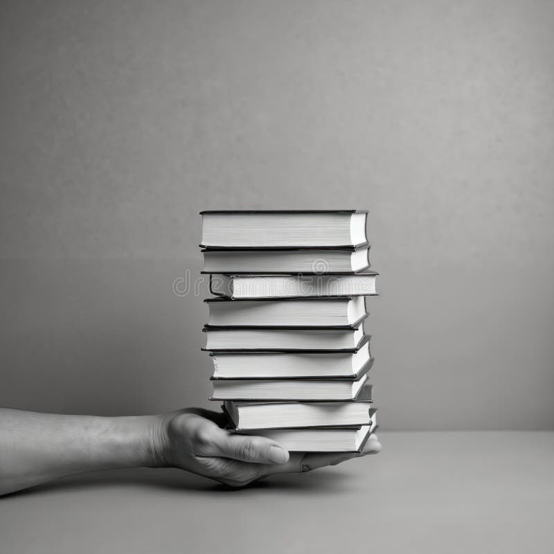 Hand Holds Stack of Books on Grey Background. Education Concept ...