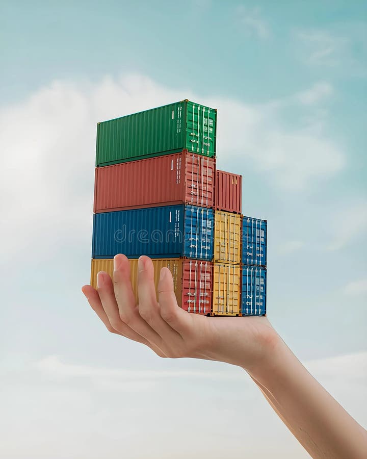 A Hand Holds a Stack of Colorful Shipping Containers Against a Blue Sky ...