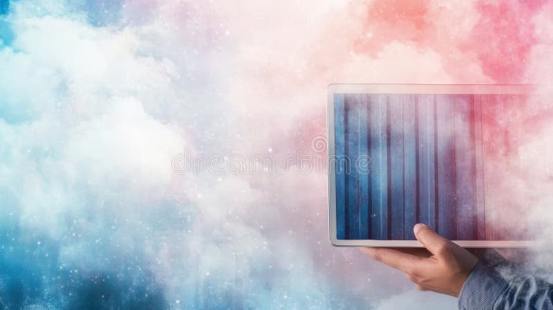 A Hand Holds a Tablet Amidst a Vibrant, Colorful Cloud Background ...