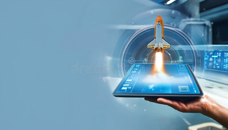 Hand Holds a Tablet with a Digital Interface, from Which a Rocket is ...