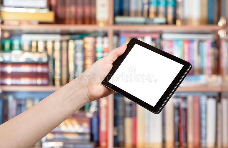 Hand Holds Tablet Pc in Library Stock Photo - Image of blank, gadget ...