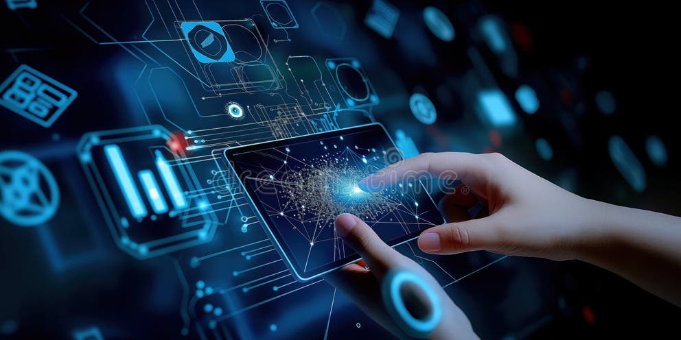 Hand Holds Tablet Phone Gadget Displaying Complex Network of Lines and ...